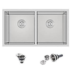 TSIBOMU 32 x 18 inch Undermount Double Bowl Kitchen Sink, 304 Stainless Steel 50/50 Double Bowl Workstation Sink (Brushed)