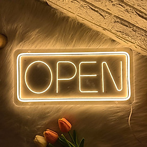 Neon Open Sign for Business, Personalized LED Open Light Up Sign Powered by USB for Bar, Stores, Salon, Coffee Shop Window, Hotel etc Small Business Welcome Neon Sign, Warm White, 15.7x7.5in