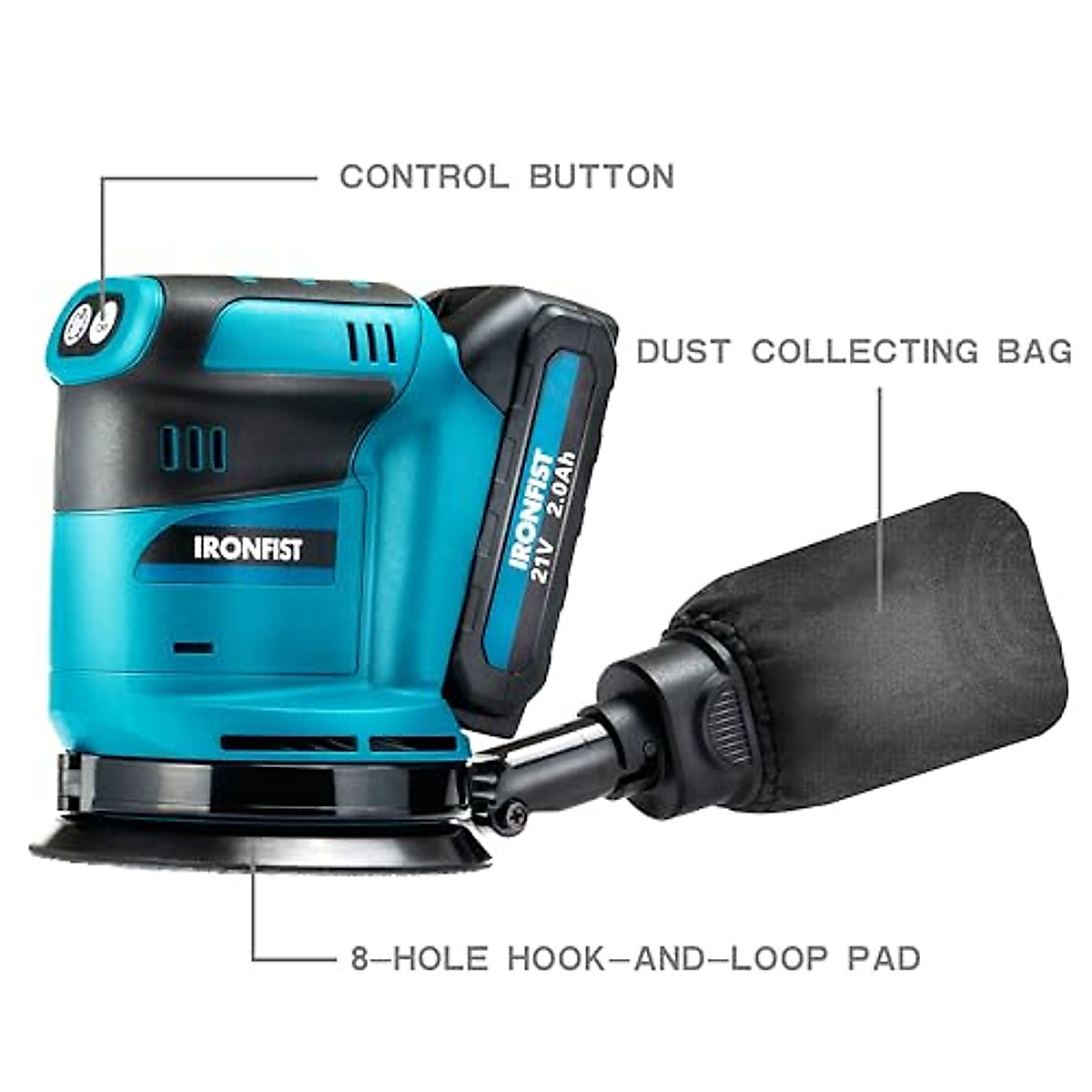 IRONFIST Random Orbit Sander 5inch 21V Lithium Battery 3 Speed Setting with Dust Bag 20pcs sandpapers and 3pcs Polishing Sponges