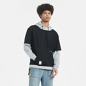 GURUNVANI Contrast Color Pullover Hoodie Mens Patchwork Hoodies Men，10W107GREY，Large