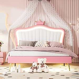 KTATK Queen Size Upholstered Bed Frame with Crown Headboard and LED Lights,Bedroom Wooden Princess Bed w/Metal Feets,Velcro Slats Support Design,for Girls,White+Pink