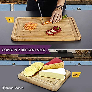 Pratico Kitchen Bamboo Cutting Board and Serving Tray with Juice Groove Set, 18 x 12 and 8 x 6 inch Boards