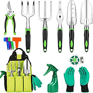 Mr Rabbi Garden Tools Set, 11 Piece Heavy Duty Gardening Tools for Gardening with Non-Slip Rubber Grip, Outdoor Hand Tools, Storage Tote Bag, Aluminum Garden Kit, Gardening Gifts for Men Women