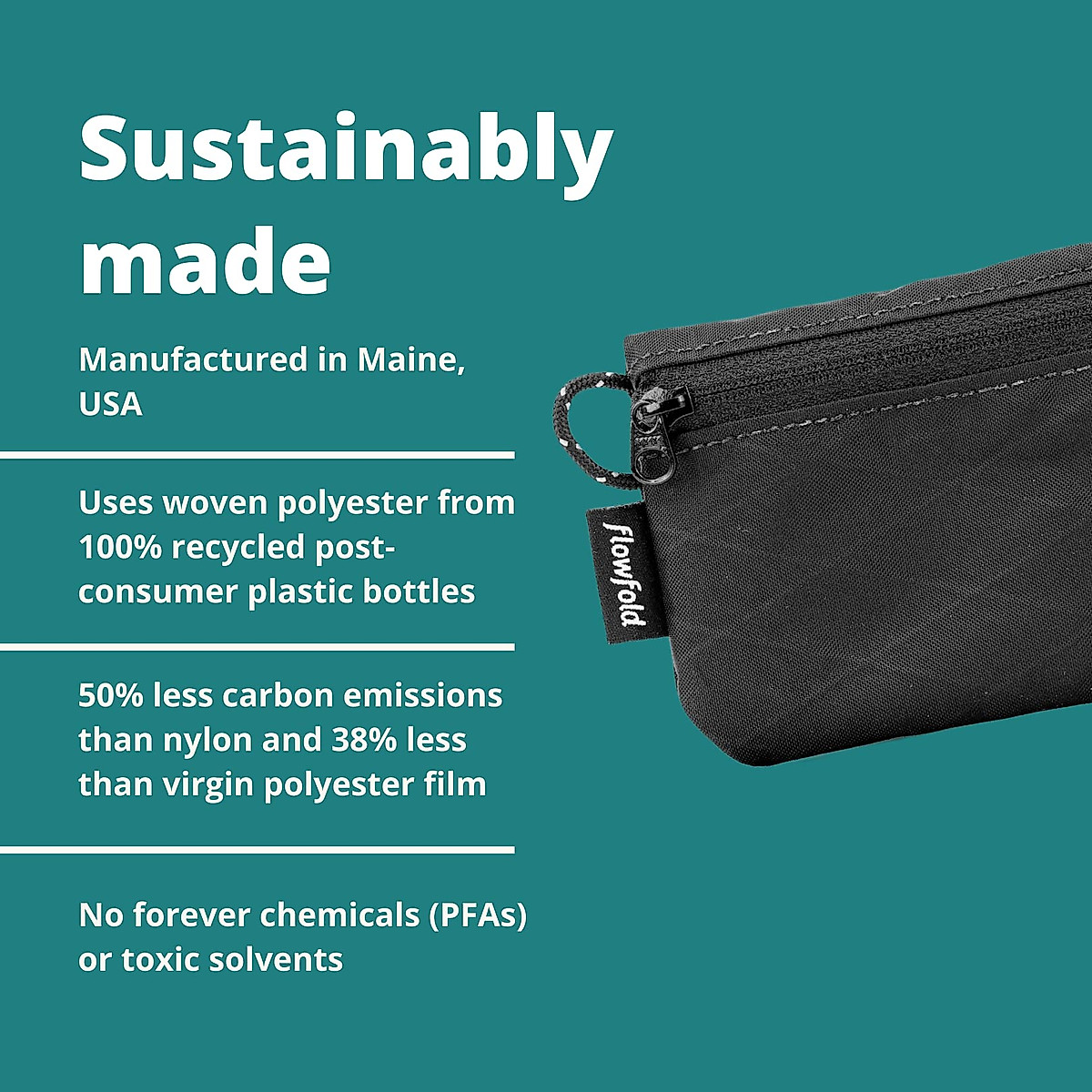 Flowfold Recycled Fabric Mini Zipper Pouch Water Repellent Small Pouch Wallet & Card Pouch for Keys, ID, Coins & AirPods Case Made in USA (Black, Recycled Material)