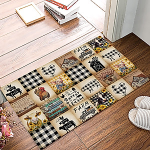 Farmhouse Animals Farm Country Cow Pig Rooster Plaid Bath Mats Non-Slip Absorbent Microfiber Soft Plush Doormat Decor Bathroom Rugs for Kitchen Bedroom Floor Mat 24" X 16"
