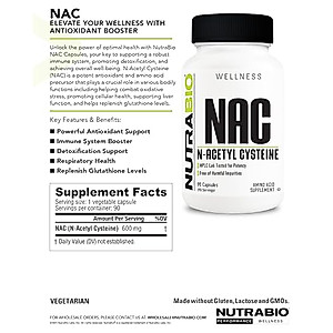 NutraBio N-Acetyl Cysteine Supplement (NAC) - 90 Capsules, 600mg Each - Powerful Anti-Oxidant - Immune Support - Boost Glutathione