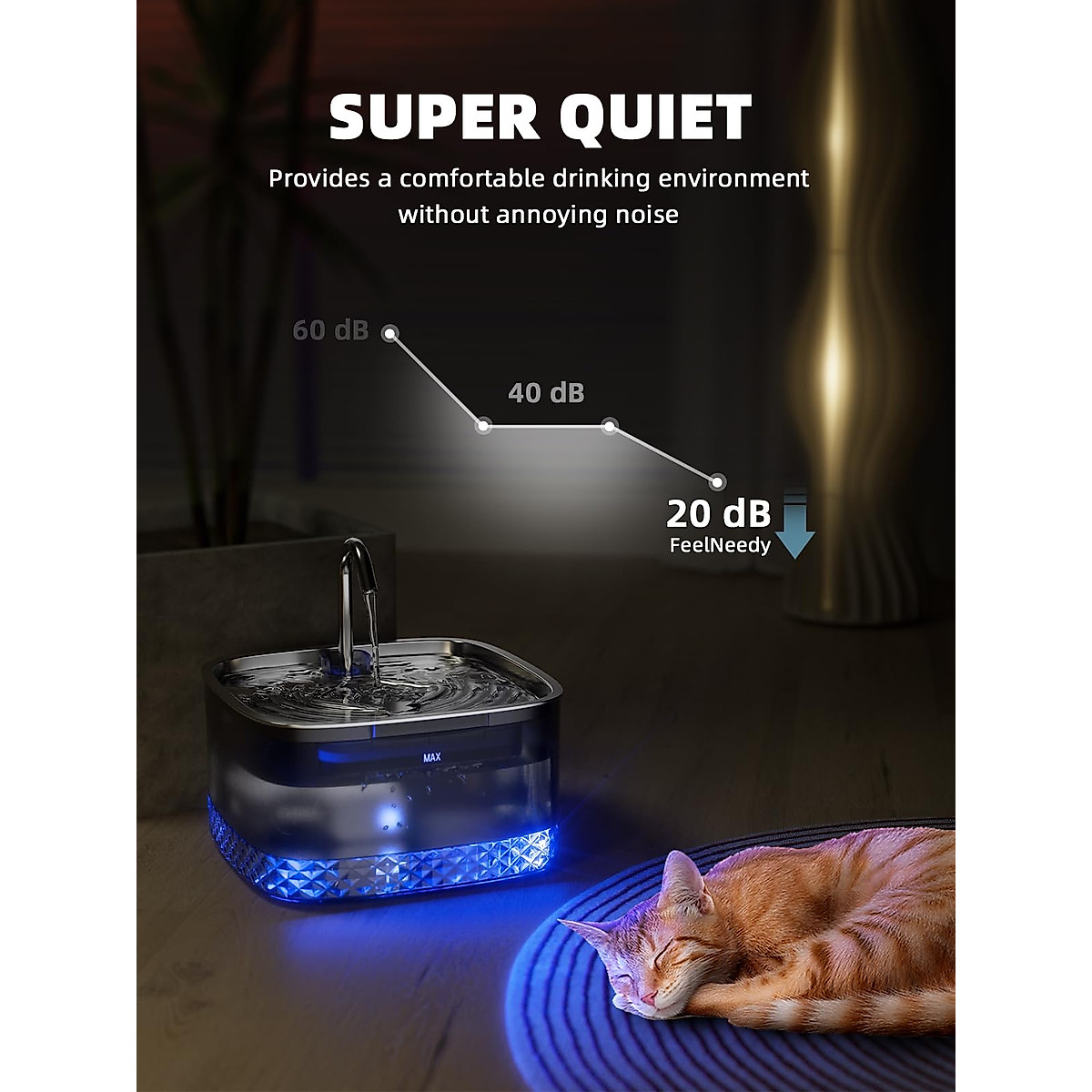 Cat Water Fountain: 75oz/2.2L Automatic Pet Water Dispenser for Cats, 304 Stainless Steel Faucet & Lid Cat Water Bowl Dispenser, Super Silent Pet Water Fountain for Cats Inside, Pump with LED Light