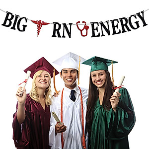 Big RN Energy Banner, Congrats Nurse Bunting Sign, Class of 2024 Nursing School Survivor Graduation Party Decoration Supplies, Black and Red Glitter