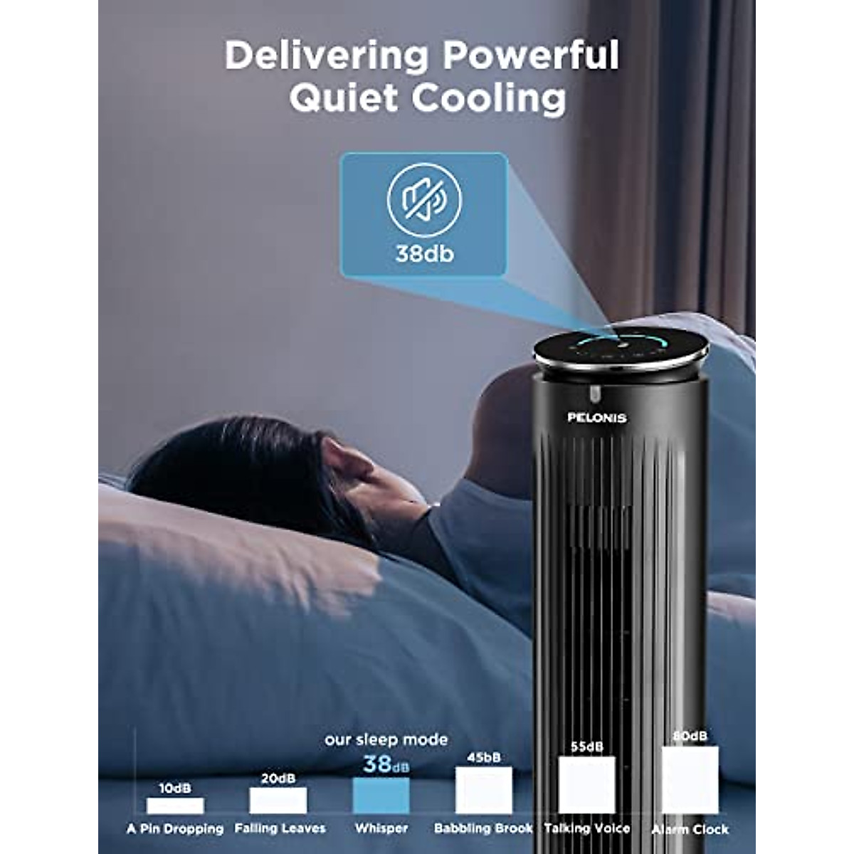 PELONIS 42’’ Oscillating Tower Fan with Aromatherapy Diffuser, Remote Control, 5 Speed Settings with 3 Modes LED Display for Bedroom Home Office Use, Black