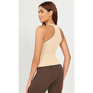 ODODOS 3-Pack Seamless Racerback Tank for Women Ribbed Knit Soft Sleeveless Tank Tops, Waist Length, Oatmeal+Barn Red+Brunette, Medium/Large