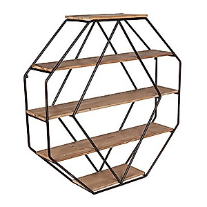 Kate and Laurel Lintz Large Octagon Shaped Floating Wood Book Shelves for Decorative Wall Display, Black Metal Frame with Rustic Brown Shelves