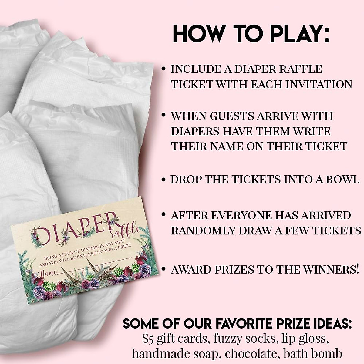 Amanda Creation Rustic Boho Watercolor Succulents, Pine, and Feathers Diaper Raffle Tickets for Baby Showers, 20 2" X 3” Double Sided Inserts, Bring a Pack of Diapers to Win Favors &