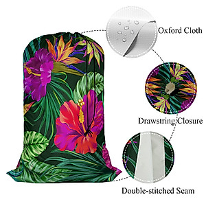 Swono Tropical Flowers Drawstring Closure Dirty Clothes Bag Organizer, Heavy Duty Large Laundry Bag, Floral Pattern Botanical Hibiscus Palm Leaf Bird Summer Rip-Stop Bags for Camp Travel