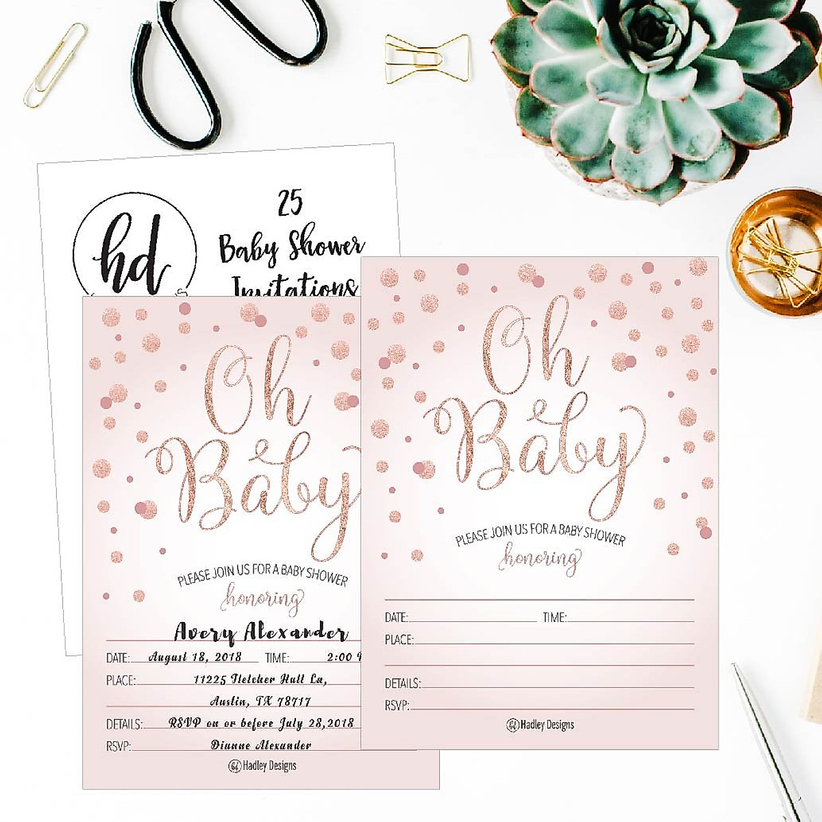 25 Blush Rose Gold Girl Oh Baby Shower Invitations, Cute Princess Printed Fill or Write In Blank Invite, Printable Shabby Chic Unique Custom Vintage Coed Twin Sprinkle Party Card Stock Paper Supplies