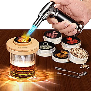 2023 New Cocktail Smoker Kit with Torch with 4 Wood Chips Flavors, Old Fashioned Drink Smoker with Light Up LED Coaster, Infuse Cocktails, Wine, Whiskey, Cheese, Salad, Meats, Whiskey Gifts for Men Women (No Butane)
