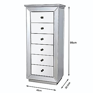 Bedroom Living Room Vertical Filing Cabinet, 6 Drawers,Jewelry Armoire With Silver Mirrored, & 16 Necklace Hooks, 2 Side Swing Doors