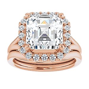 Asscher Moissanite Engagement Ring Set 4 CT Handmade 18K Solid Rose Gold Rings for Women Solitaire Colorless Diamond Anniversary Halo Bridal Wedding Ring Proposal Gifts VVS1 Colorless