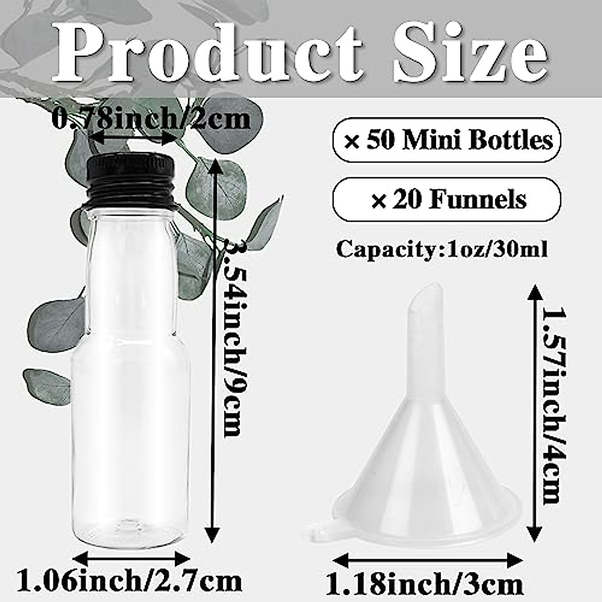 50 Pack 1 oz Mini Liquor Bottles,Clear Plastic Wine Bottles with Funnels,Airtight Plastic Spirit Bottle with Black Cap for Baby Shower, Weddings(30ml)