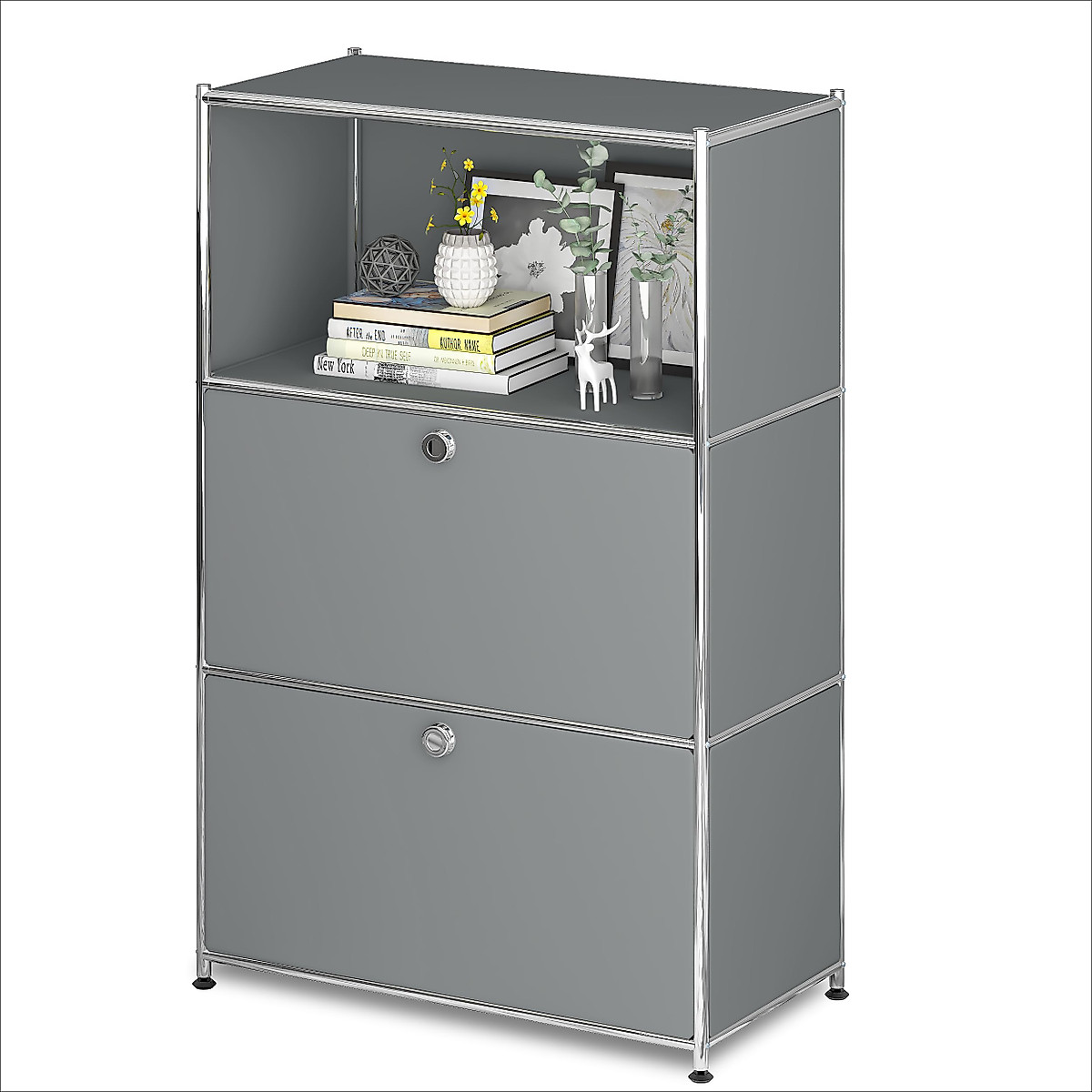 Simplink Metal Shelf with 2 Flap Doors, Large Capacity Cabinet,DIY Modern Home Furnishing,Perfect for Home, Office, Kitchen, Hallway,Foyer (Grey)