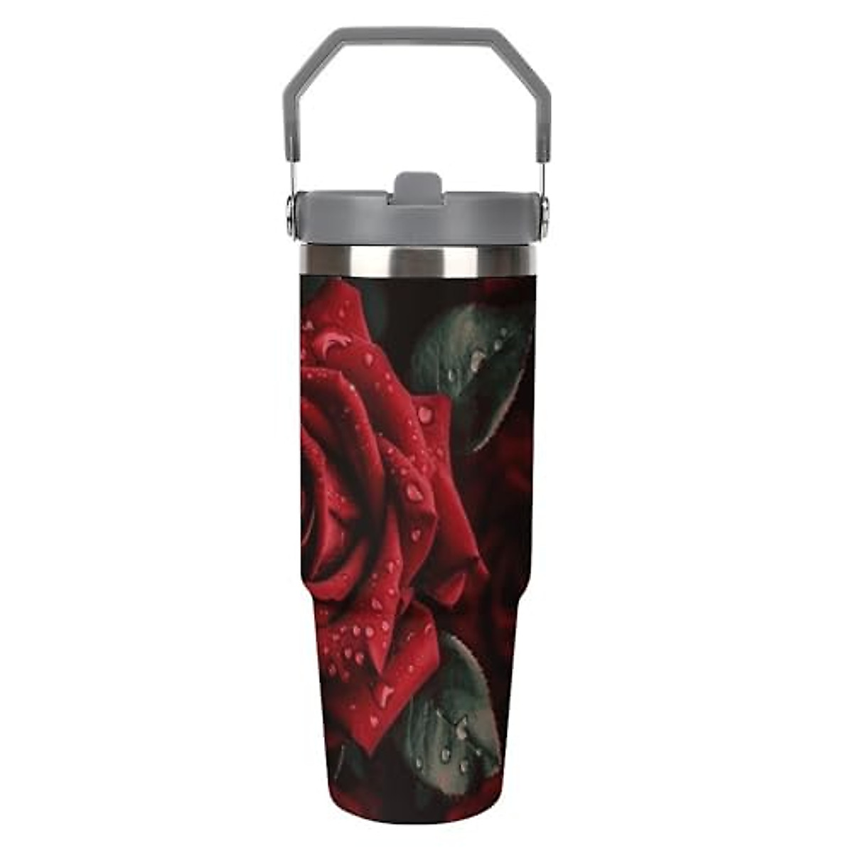 RTFGHJS Red Rose 30 Oz Tumbler with Handle And Flip Straw, Stainless Steel Vacuum Insulated Travel Mug, Thermal Cup for Coffee, Water, Iced Drinks, Fits Car Cup Holders (Home, Sports)