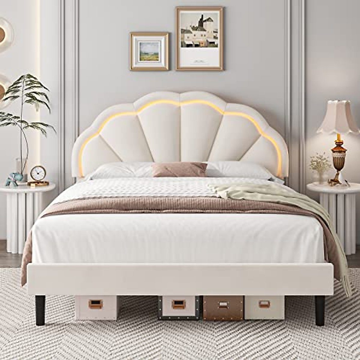 HIFIT Full Upholstered Smart LED Bed Frame with Adjustable Elegant Flowers Headboard, Platform Bed Frame Full Size with Wooden Slats Support, No Box Spring Needed, Easy Assembly, Beige