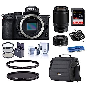 Nikon Z 50 DX-Format Mirrorless Camera Body with NIKKOR 16-50mm f/3.5-6.3 and 50-250mm F/4.5-6.3 VR Lens, Filter Bundle with Hoya 62mm UV and CPL Filter, Case, 64GB SD Card, and Accessories
