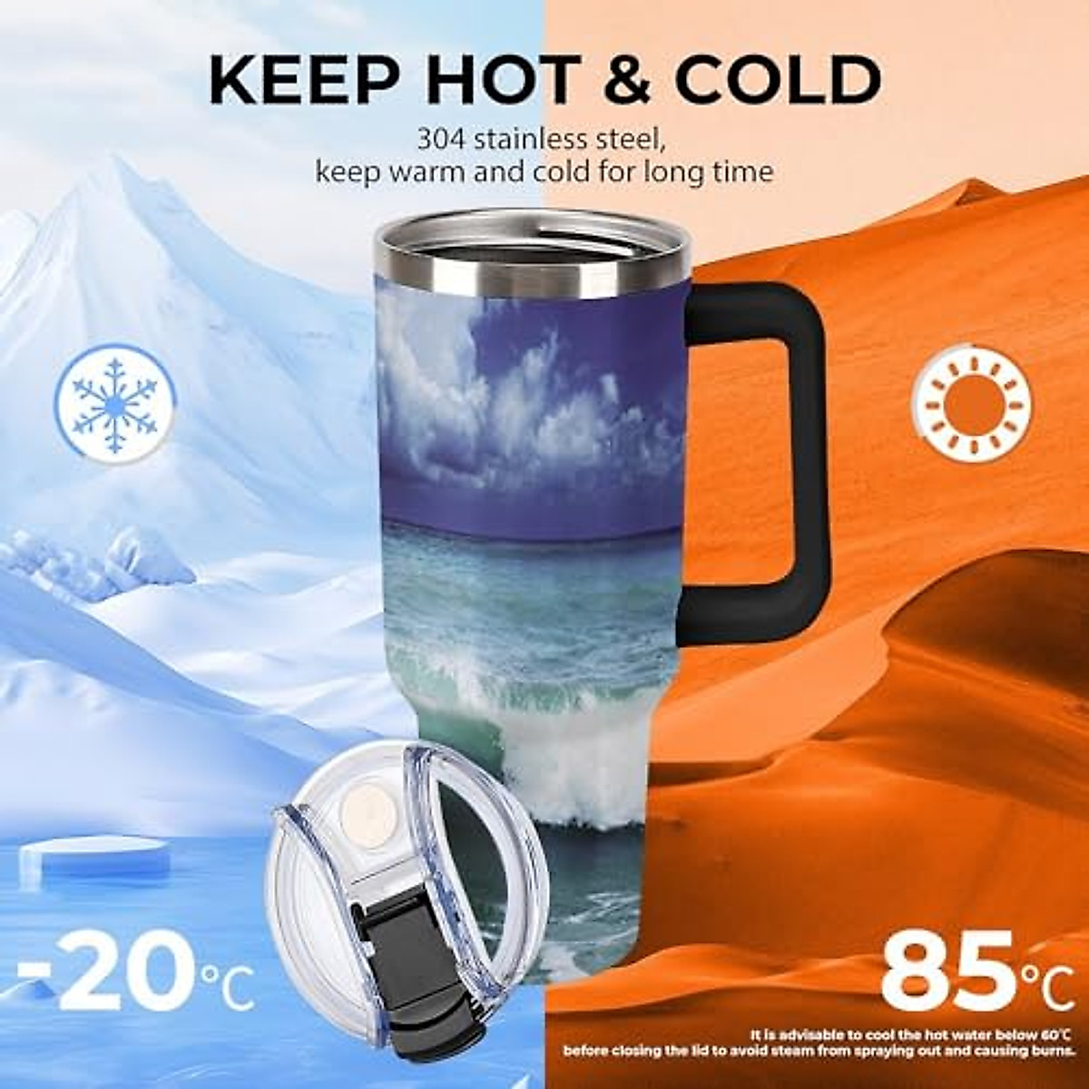 Ocean Wave 40oz Water Bottle Double Wall Insulated Tumbler with Handle Leakproof Travel Mug Black-style