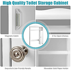 Tangkula Over The Toilet Storage Cabinet, Bathroom Space Saver w/Adjustable Shelves & Paper Holder, Freestanding Home Organizer Toilet Rack Stand w/Side Door & Anti-Topping Design, White