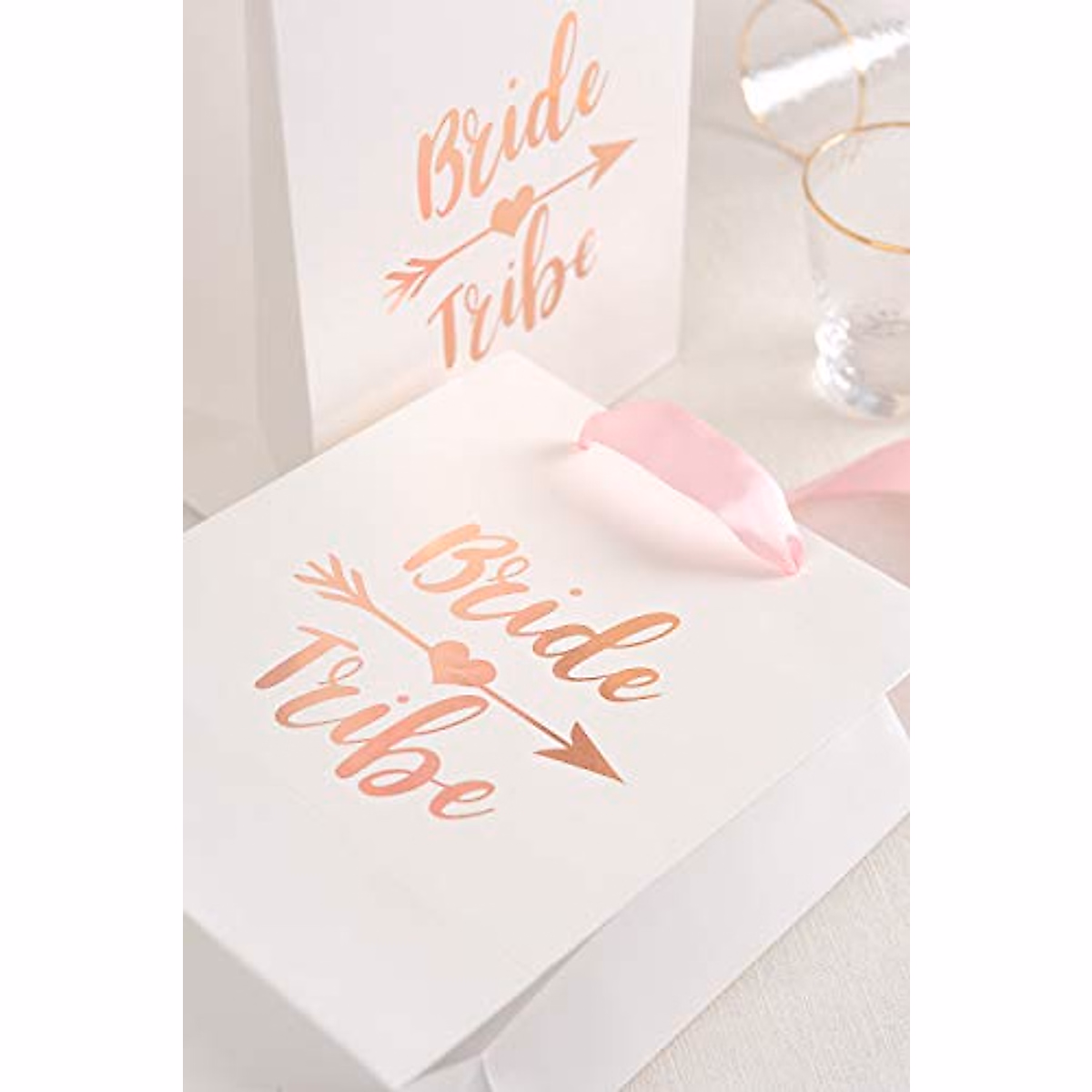 Crisky Bride Tribe Bags Bridesmaid Gift Bags Team Bride Bags Hangover Recovery Kit for Bachelorotte Bridal Shower Hen's Party Favors Wedding Decorations [ Pack of 12, Rose Gold Foil ]