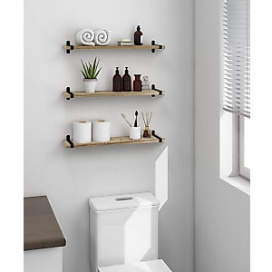 Sapowerntus Wood Floating Shelves Bathroom Wall Mounted, 24 Inch Light Rustic Farmhouse Narrow Shelf Storage, Bedroom Living Room Kitchen Office Display Decor with U Metal Brackets Set of 3