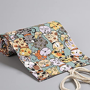 Canvas Pencil Roll Wrap 12/24/36/48 Holes, Multiuse Cartoon Cat Roll Up Pencil Case Large Capacity Pen Curtain for Coloring Pencil Holder Organizer