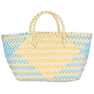 Yardwe Hand- Woven Straw Handbag Bag Wicker Handbag Basket Purse Retro Women Straw Tote Blue+ Yello