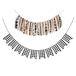 Buffalo Checkered Plaid Banner Set Fabric Black and White Gingham Bunting Tassel Garland Rustic Christmas Birthday Mantel Fireplace Farmhouse Classroom Decorations