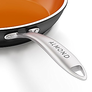 Almond 12 Inch Non-Stick Frying Pan with Lid - Copper Ceramic Fry Pans with Tempered Glass Lid & Stainless Steel Handle, Round Aluminum Saute Pan, Dishwasher and Oven Safe - 12 inches