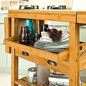 QUANJJ Extendable Kitchen Trolley Cart with 2 Folding Hinged Side Boards Removable Tray