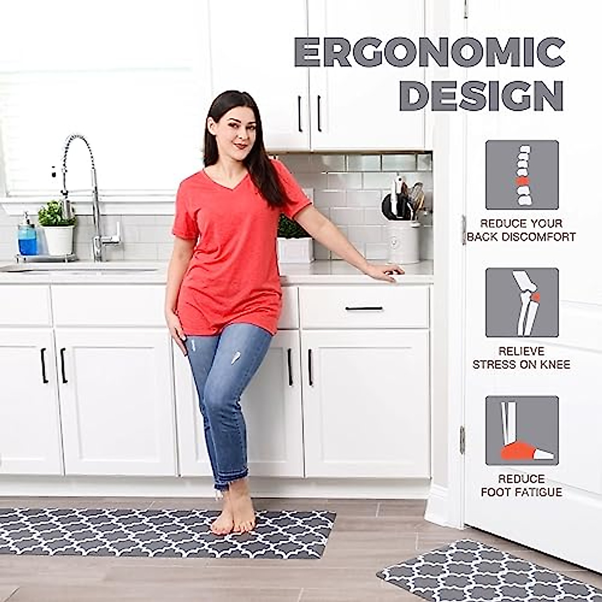 KOKHUB Kitchen Mat and Rugs 2 PCS, Cushioned 1/2 Inch Thick Anti Fatigue Waterproof Comfort Standing Desk/ Kitchen Floor Mat with Non-Skid & Washable for Home, Office, Sink - Grey