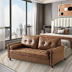 JEEOHEY Small Couch, 64 Inch Mid-Century Modern Faux Leather Upholstered Loveseat Sofa Furniture for Small Space, Living Room, Bedroom, 2 Throw Pillows, Rolled Arm, Comfy Seat & Back Cushion, Brown