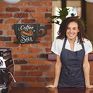 Jetec Coffee Bar Business Door Sign Wooden Coffee Wall Hanging Sign Rustic Farmhouse Coffee Cup Plaque Coffee Warms The Soul for Shop Store Window Restaurants Decoration 11.8 x 6.8 Inches