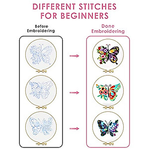 Butterfly Flower Embroidery Stitch Practice kit, 3 Sets Beginners Embroidery Kit for Beginners Include Embroidery Cloth Hoops Threads for Craft Lover Hand Stitch with Embroidery Skill Techniques