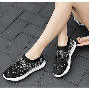 Women's Crystal Sock Sneakers Slip-on Comfy Athletic Running Walking Gym Shoes (Black,9)