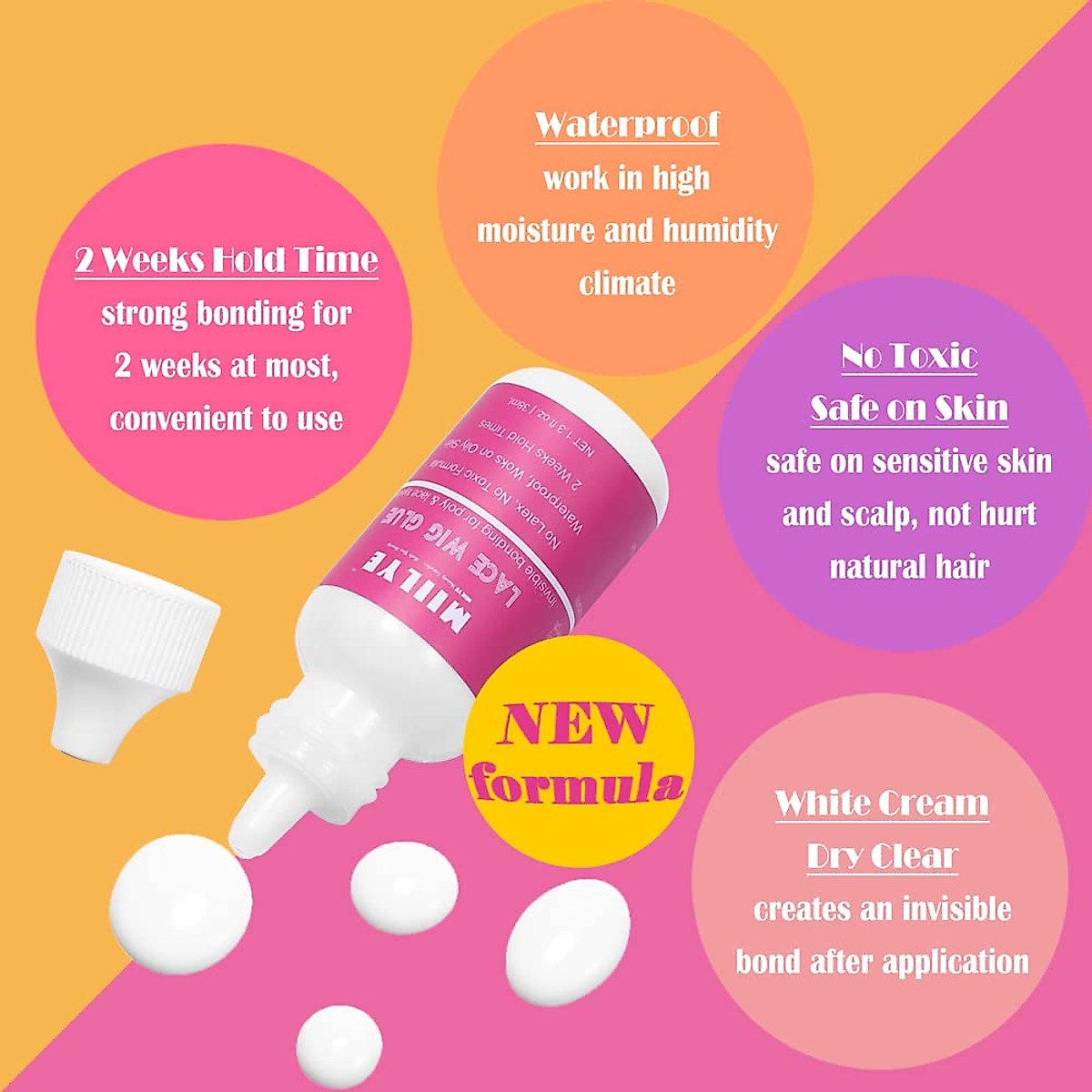 Wig Adhesive Glue, Invisible Waterproof MIILYE Hair Replacement Bonding Glue, Strong Hold for Lace Front Wig and Poly Hairpieces, Toupee, Cosmetic Hair Systems (Wig Glue for Lace Front Wig 1.3 fl oz)