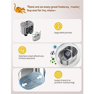 Stainless Steel Cat Water Fountain: 108oz/3,2L Pet Water Fountain with 8 Carbon Filter + 8 Sponge - Cat Fountains for Drinking Dishwasher Safe Design - SOOFPET