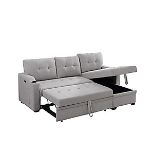 Lilola Home Mabel Light Gray Linen Fabric Sleeper Sectional with cupholder, USB Charging Port and Pocket
