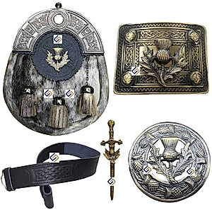 Kilt Belt with Buckle Scottish Kilts Sporran with Badge Style Thistle/Kilt Pin/Fly Plaid Brooch 5 piece Set (Medium)