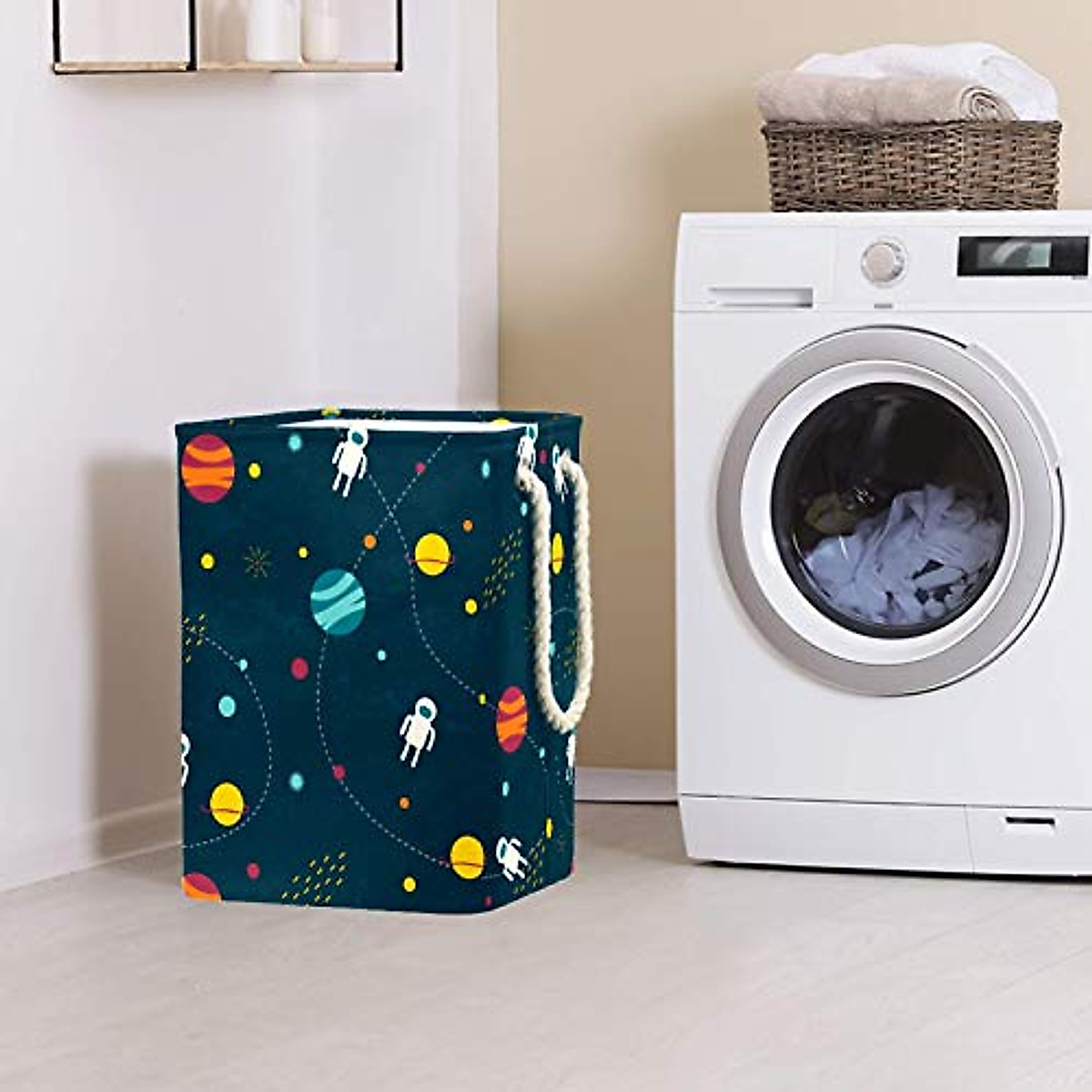 DEYYA Waterproof Laundry Baskets Tall Sturdy Foldable Outer Space Planets Alien Earth Print Hamper for Adult Kids Teen Boys Girls in Bedrooms Bathroom