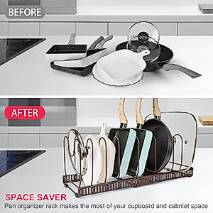 Expandable Pots and Pans Organizers Rack，Pot Cover Rack Grill Pan Rack Sticky Board For Cabinets，Pans Pot Lid Organizer Rack Holder with 7 Adjustable Compartments (7D-bronze)