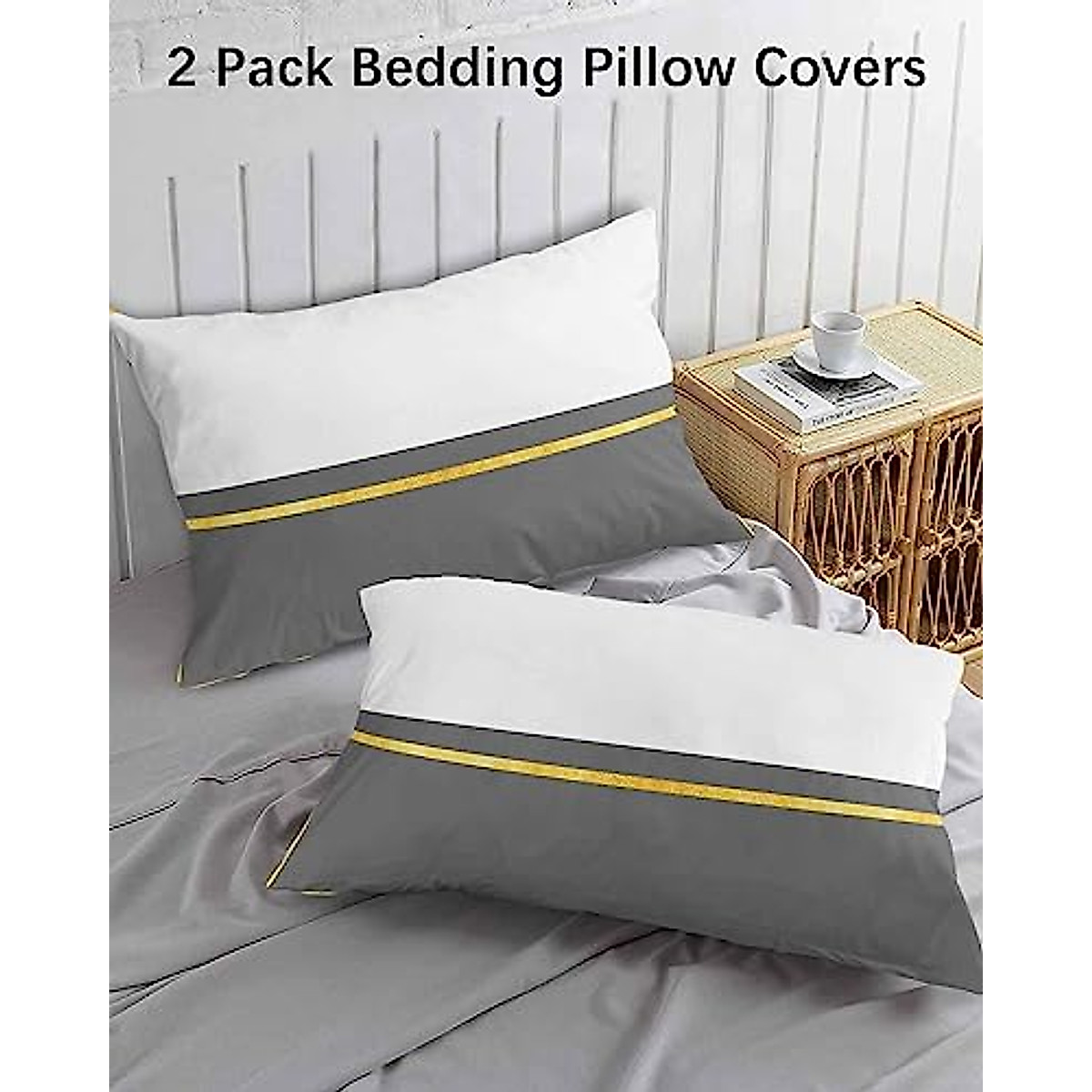 Edwiinsa Grey White Pillow Covers Standard Size Set of 2 20x26 Bed Pillow, Luxury Yellow Lace Modern Abstract Art Aesthetics Plush Soft Comfort for Hair/Skin Cooling Pillowcases with Envelop Closure