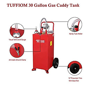 TUFFIOM 30 Gallon Gas Caddy With Wheels, Fuel Transfer Tank Gasoline Diesel Can Reversible Rotary Hand Siphon Pump, Fuel Storage Tank For Automobiles ATV Car Mowers Tractors Boat Motorcycle(Red)