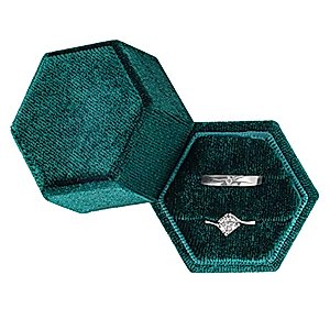 Smileshe Ring Box, Velvet Jewelry Boxes for Proposal Engagement Wedding Ceremony, Hexagon Mini Double Ring Slot Bearer Case with Detachable Lid
