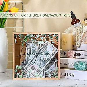 Unittype Honey Moon Fund Box Wedding Card Rustic Box Wooden Honeymoon Fund Box Fund and Card Wood Box Greenery Honeymoon Fund Shadow Box for Wedding Reception Party Bridal Shower Gift, 8 x 8 Inch